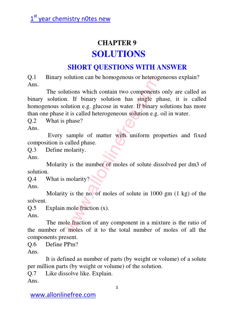 9 Chapter Solutions Short Questions With Answer | PDF | Solution ...