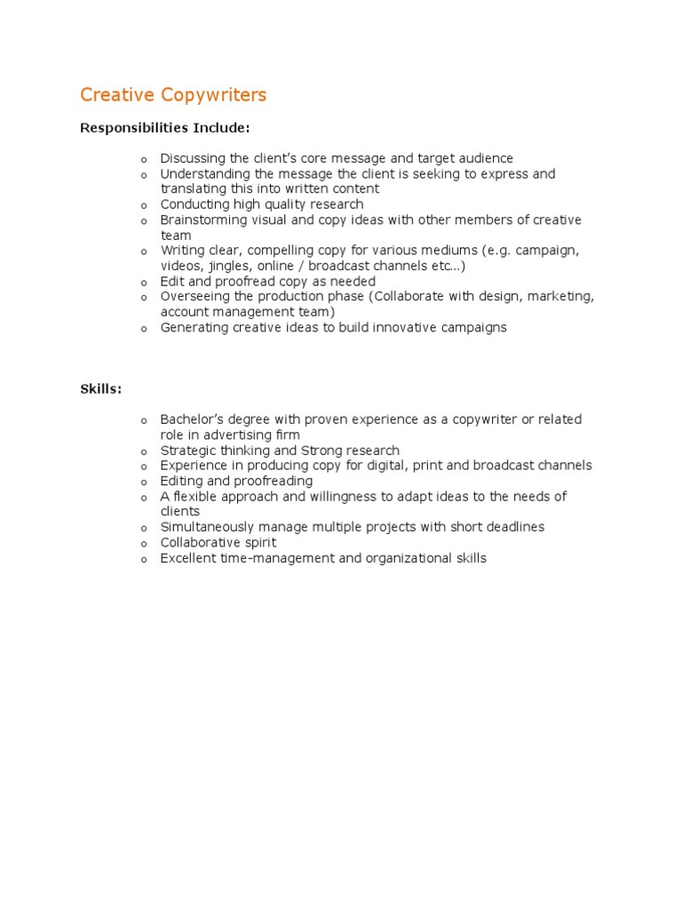 Creative Copywriters: Responsibilities Include | PDF