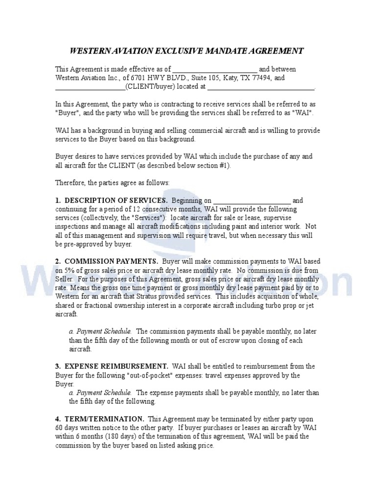 Western Aviation Exclusive Mandate Agreement Pdf Civil Law Legal