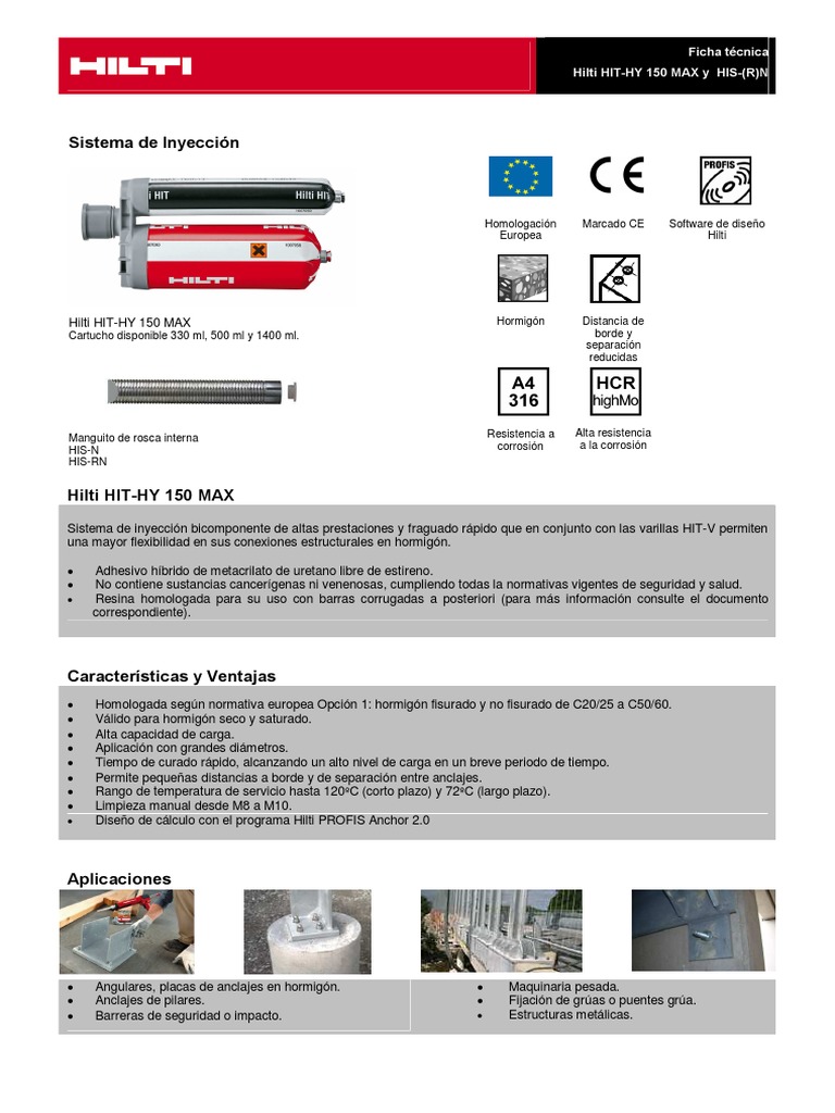 Hilti HIT-HY 150 MAX: Ficha Técnica | PDF | Tornillo | Perforar