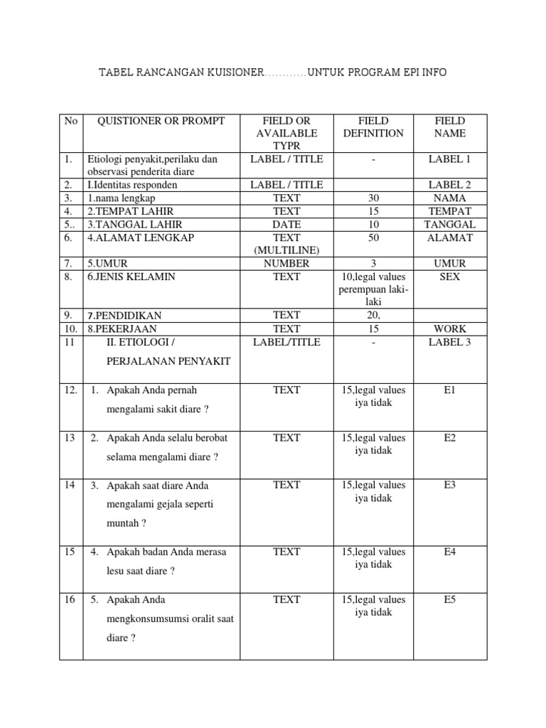 Tabel Kuesioner Epid Info | PDF