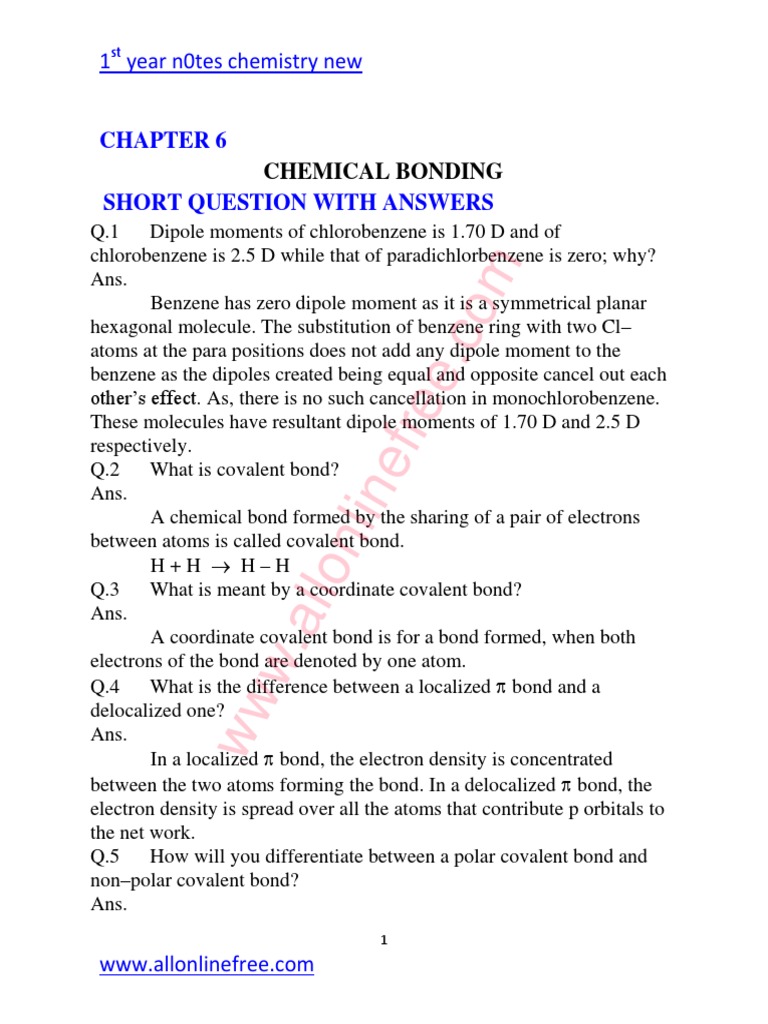 Chemical Bonding Q&A for Class 11 | PDF | Covalent Bond | Chemical Polarity