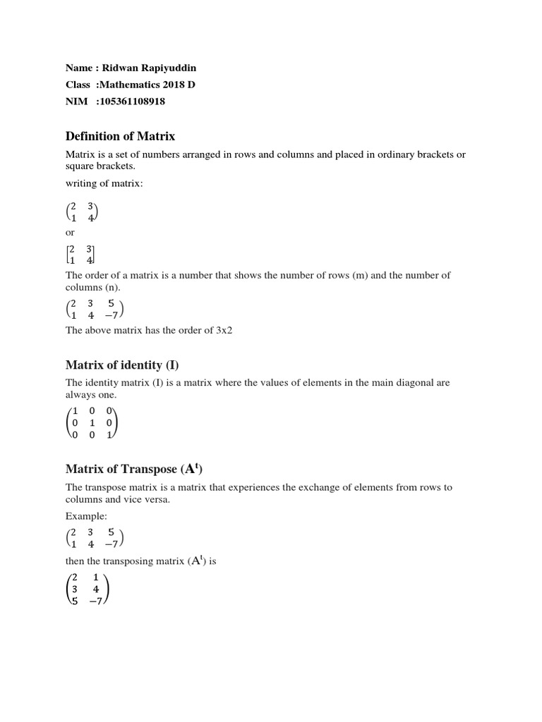 Mathematical Foundations Of Matrices Definitions Operations And Examples Pdf
