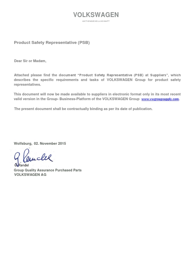 Volkswagen: Product Safety Representative (PSB) | PDF | Business