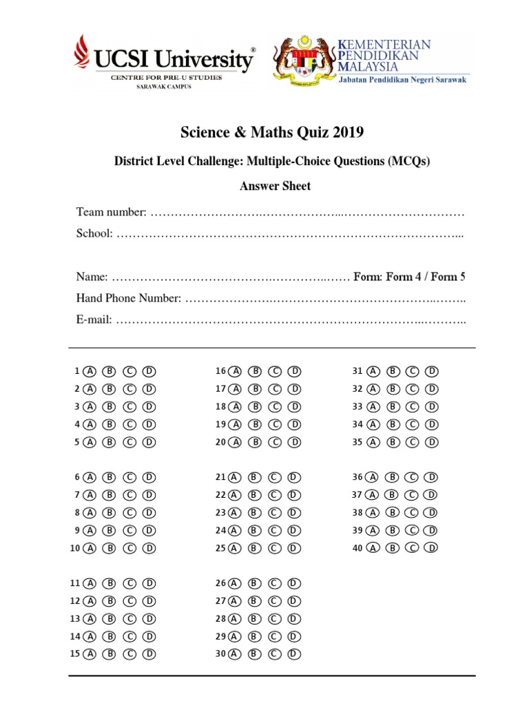 Science & Maths Quiz 2019: District Level Challenge: Multiple-Choice ...