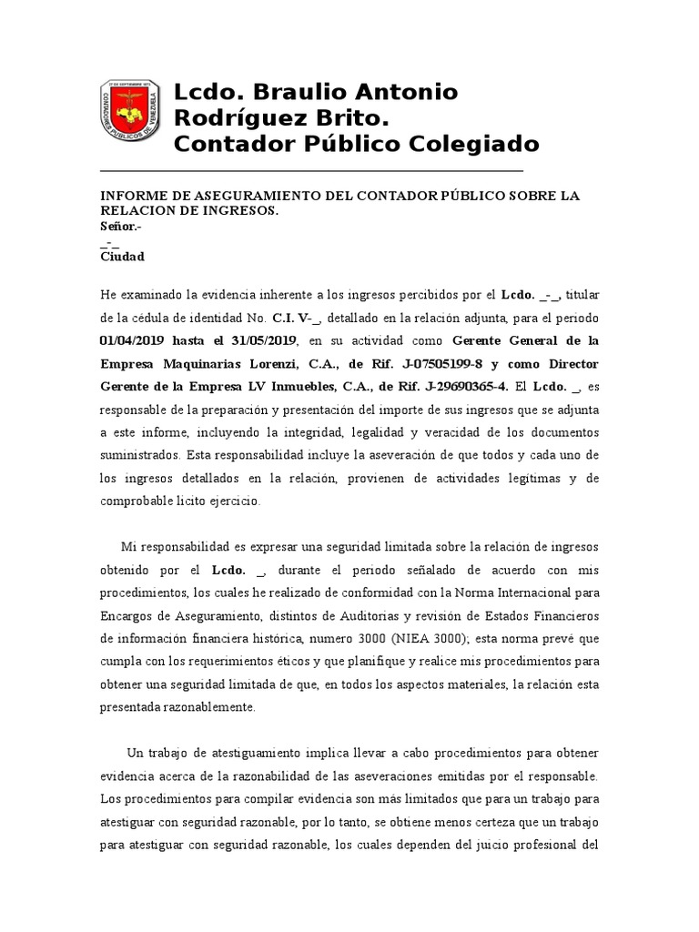 Nuevo Modelo de Informe de Certificacion de Ingresos | PDF | Contador ...