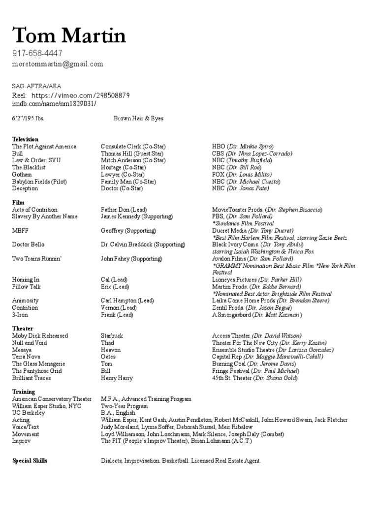 Tom Martin 2019 Resume Free 6 | PDF | Entertainment