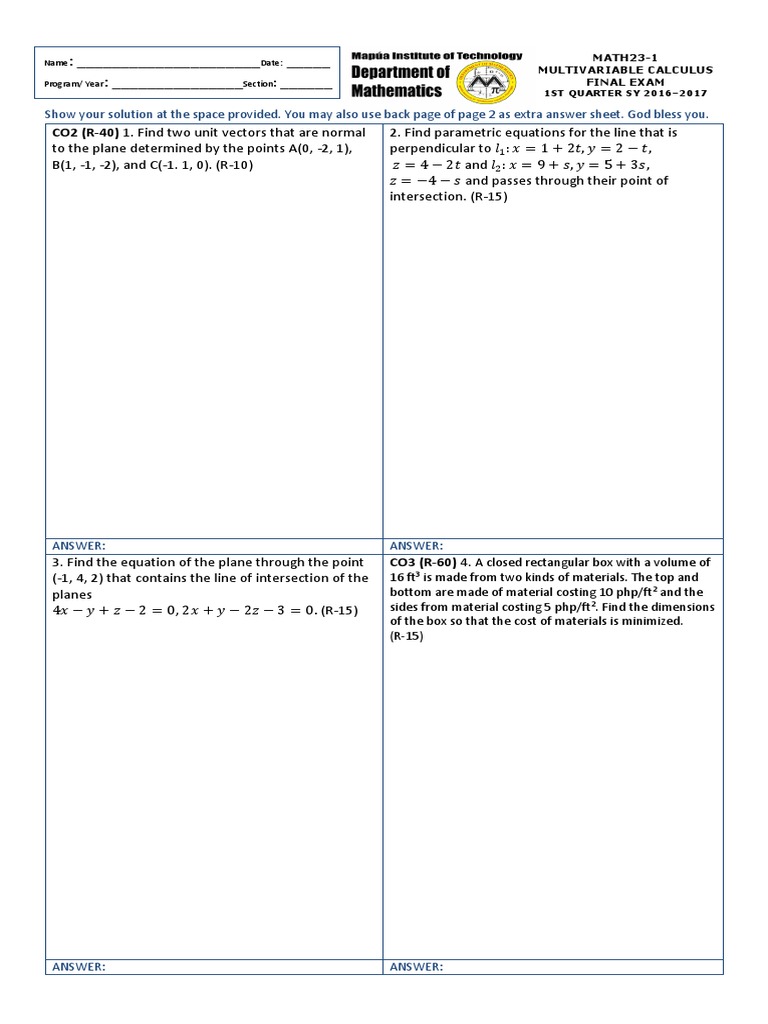 Multivariable Calculus Exam Solutions | PDF | Integral | Plane (Geometry)