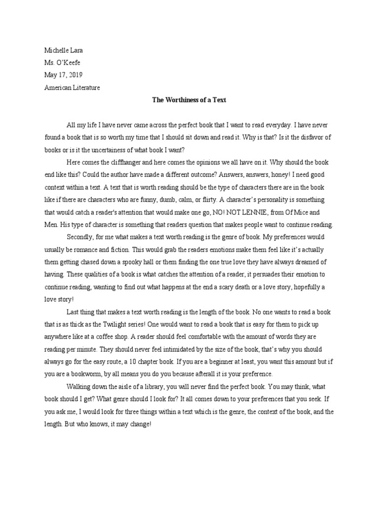 Opinion Paper What Makes A Text Worth Reading English Writing | PDF