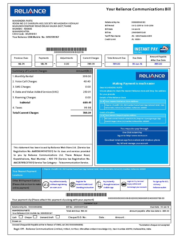 Your Reliance Communications Bill | PDF | Roaming | Digital Technology