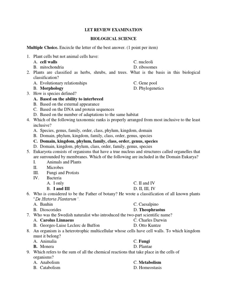 Biology LET Reviewer with Answer Key | PDF | Taxonomy (Biology ...
