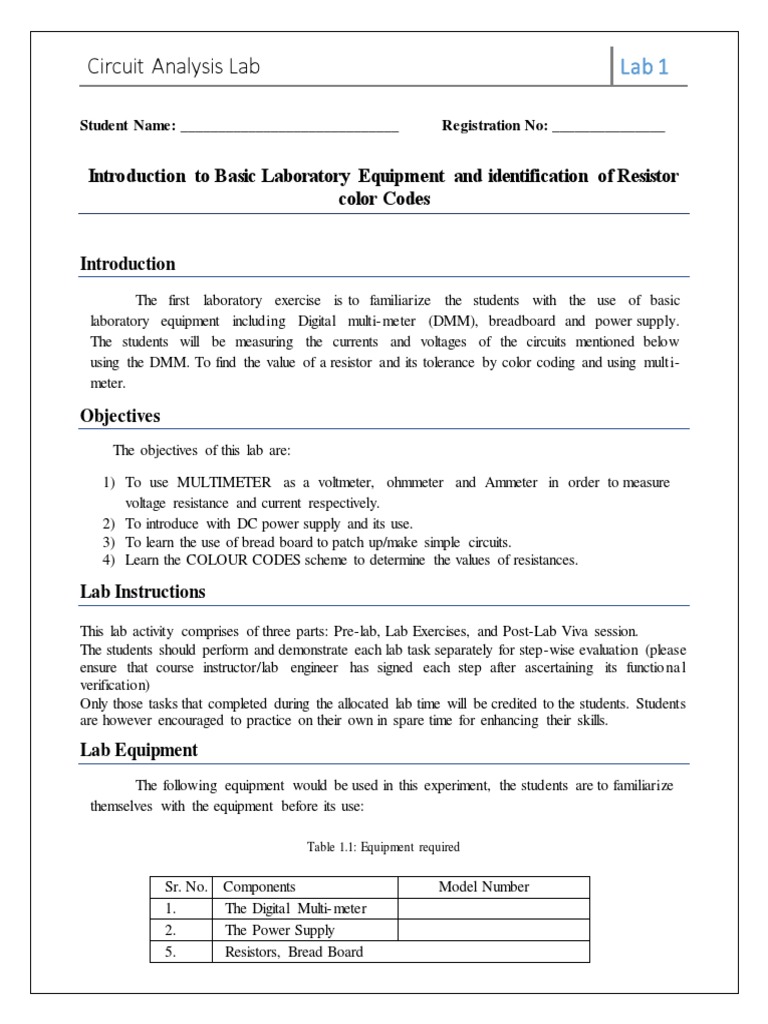 Circuit Analysis Lab: Introduction To Basic Laboratory Equipment and ...