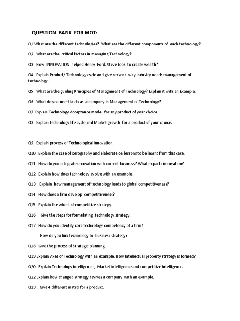Management of Technology Question Bank | PDF | Strategic Management ...