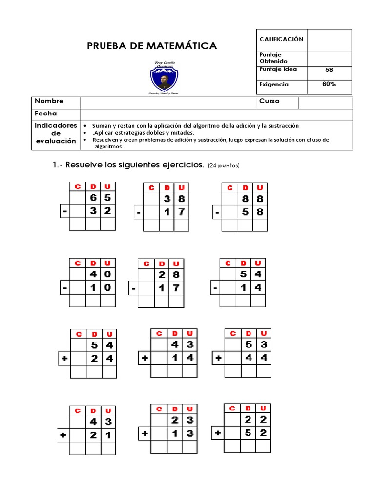Prueba de Matematicas Sumas y Restas | PDF