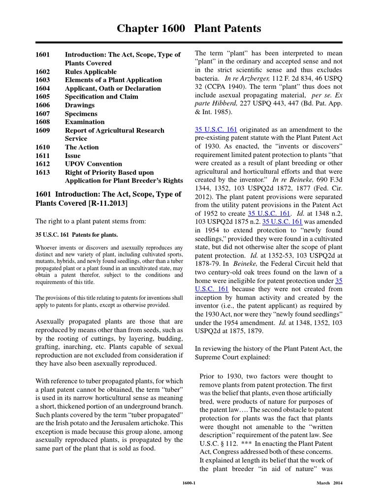 Chapter 1600 Plant Patents: 1601 Introduction: The Act, Scope, Type of ...