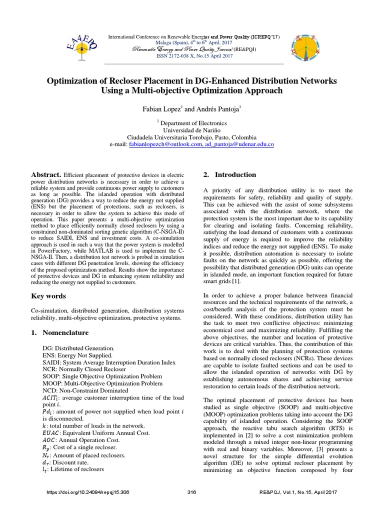Optimization of Recloser Placement in DG-Enhanced Distribution Networks Using A Multi-Objective ...