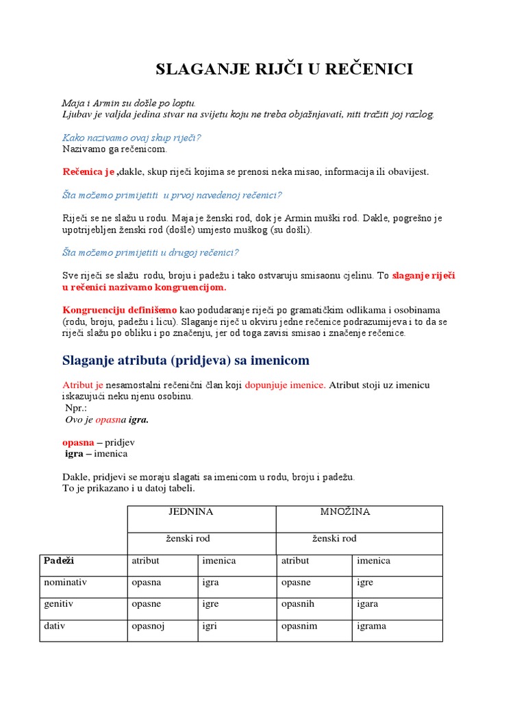 Slaganje Rijeci U Recenici | PDF