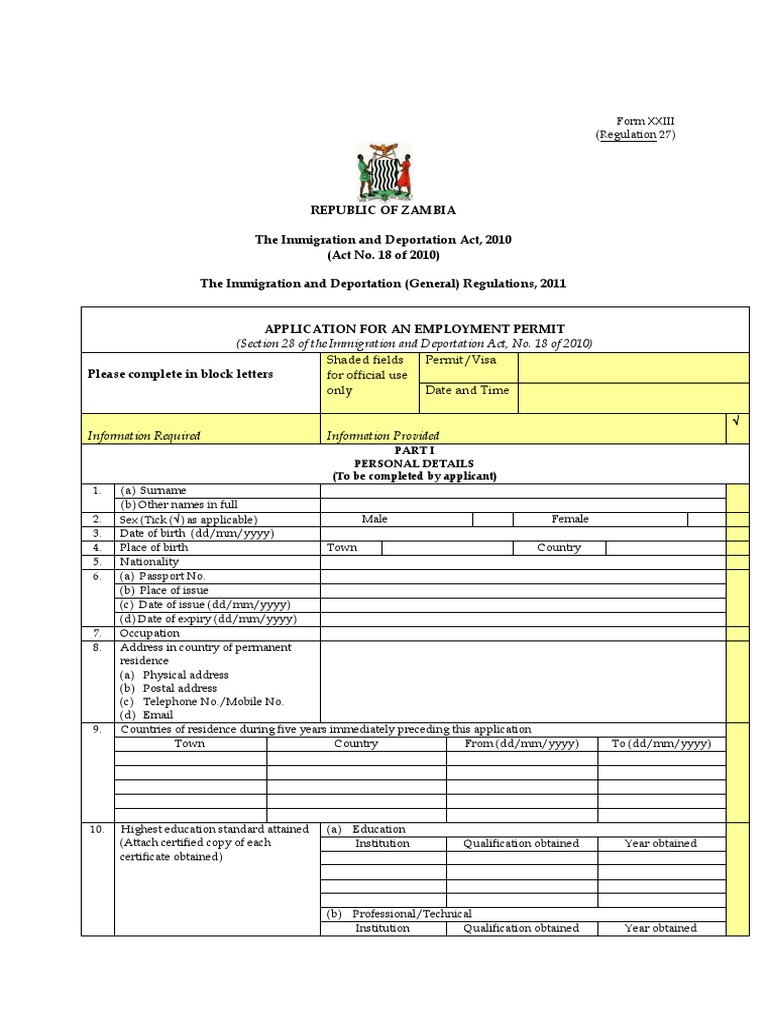 Zambia Employment Permit Application Form | PDF | Passport | Birth ...