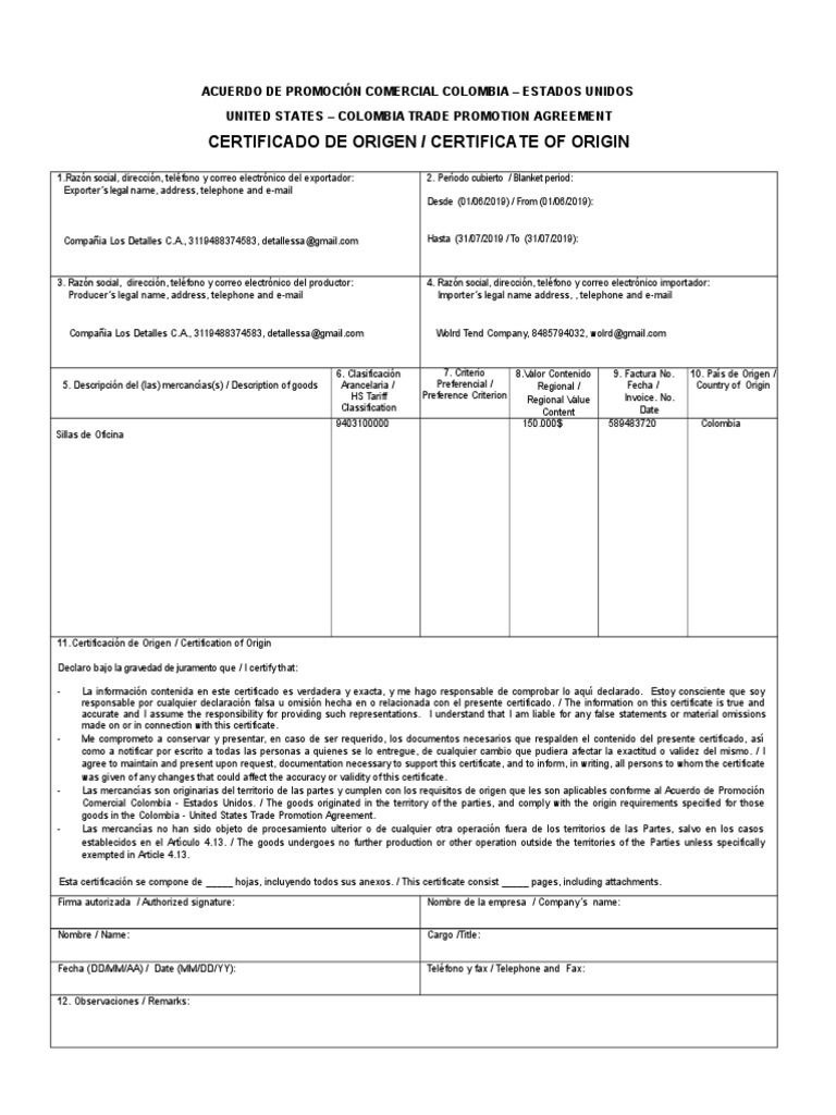 Formato Sugerido Certificado de Origen | PDF | Bienes | Business