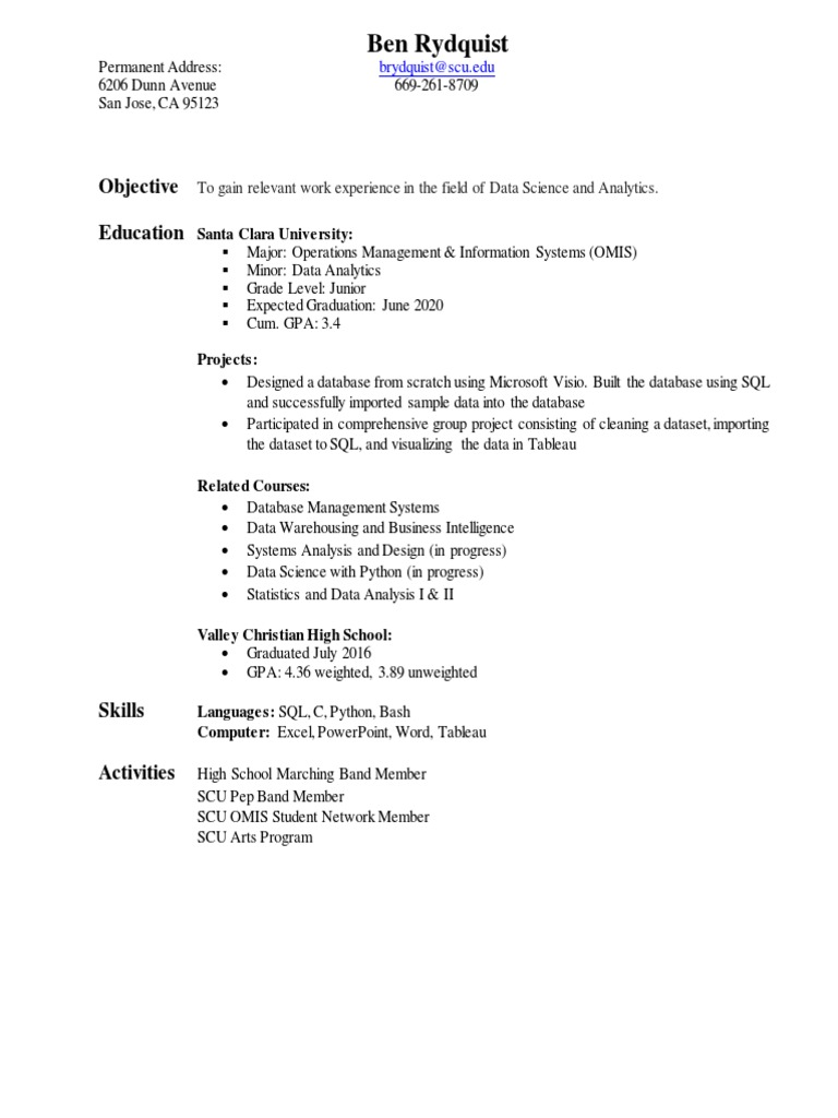 Data Science Student Resume Summary | PDF