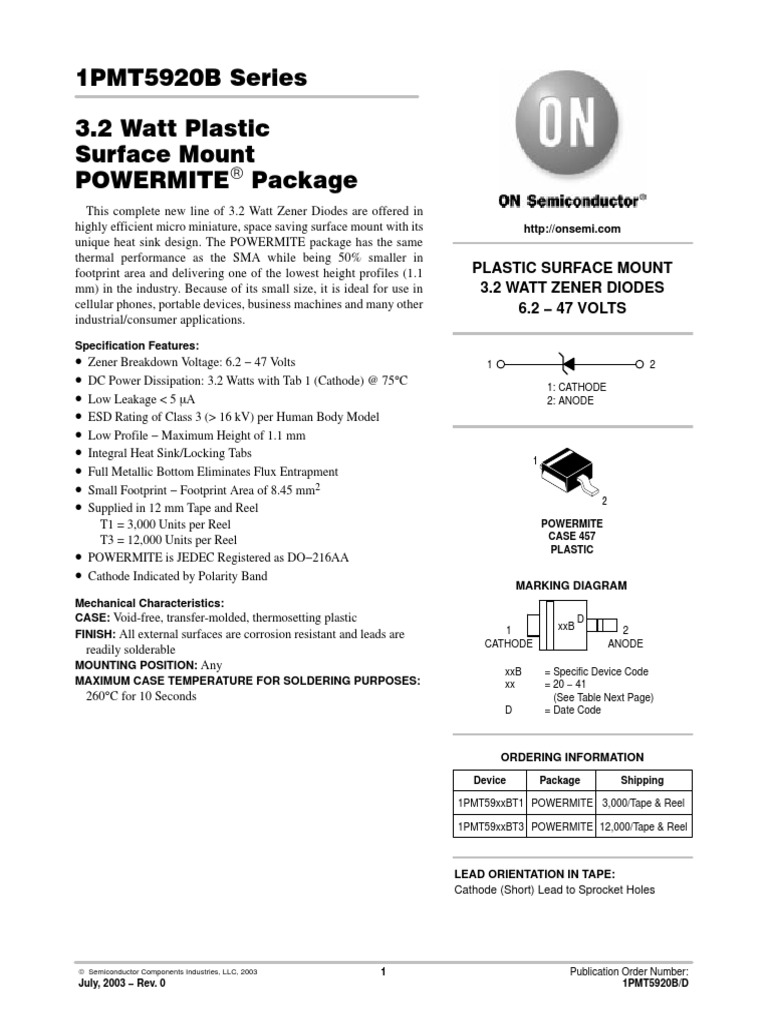 1PMT5920B Series 3.2 Watt Plastic Surface Mount Powermite Package | PDF ...
