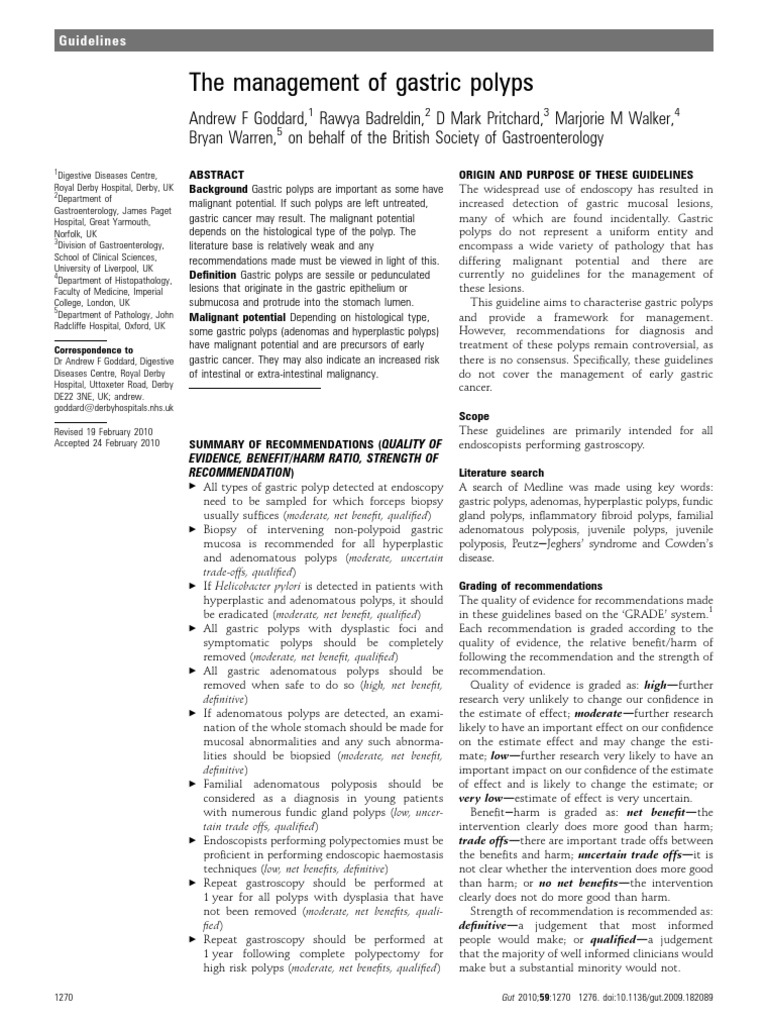 BSG Guidelines On The Management of Gastric Polyps | PDF | Adenoma ...