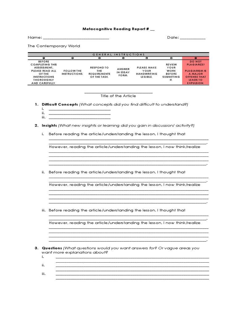 Metacognitive Reading Report Pdf Teaching Epistemology