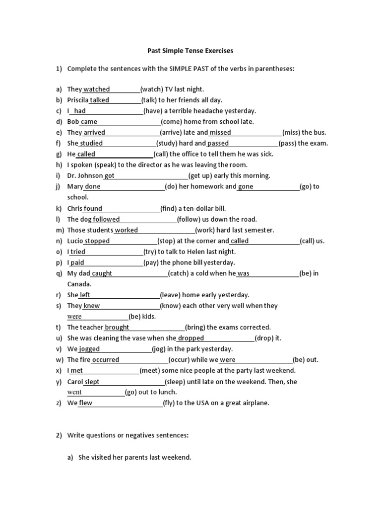 Past Simple Tense Exercises | PDF