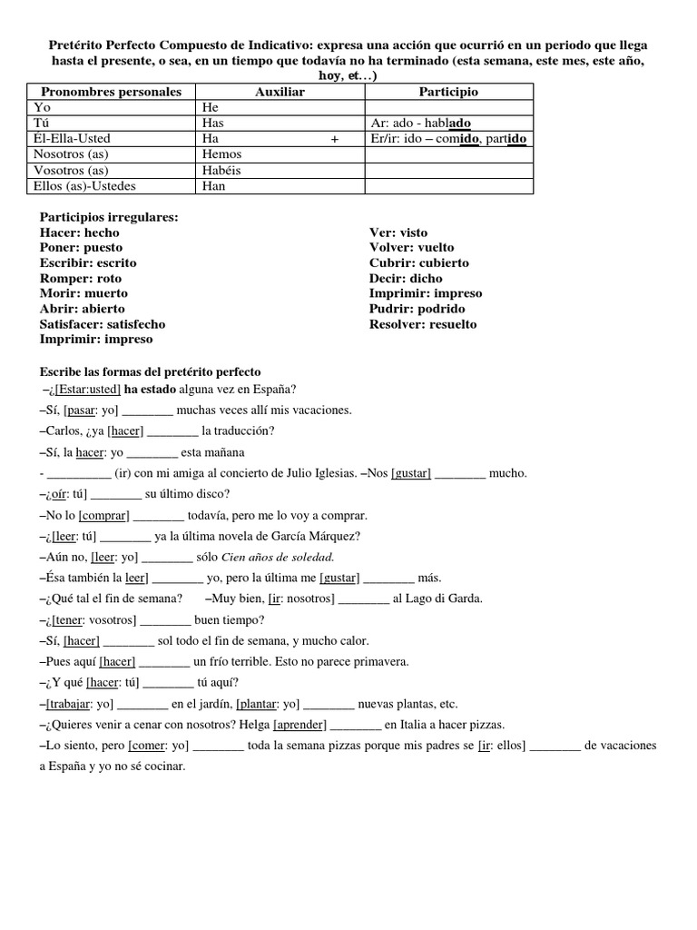 Ejercios Pretérito Perfecto Español | PDF