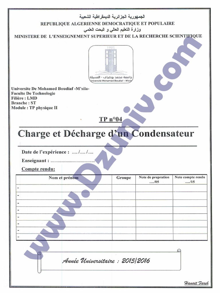TP Physique + Compte Rendu - TP4 - Charge Et Décharge D'un (Des) Condensateurs 6371 | PDF