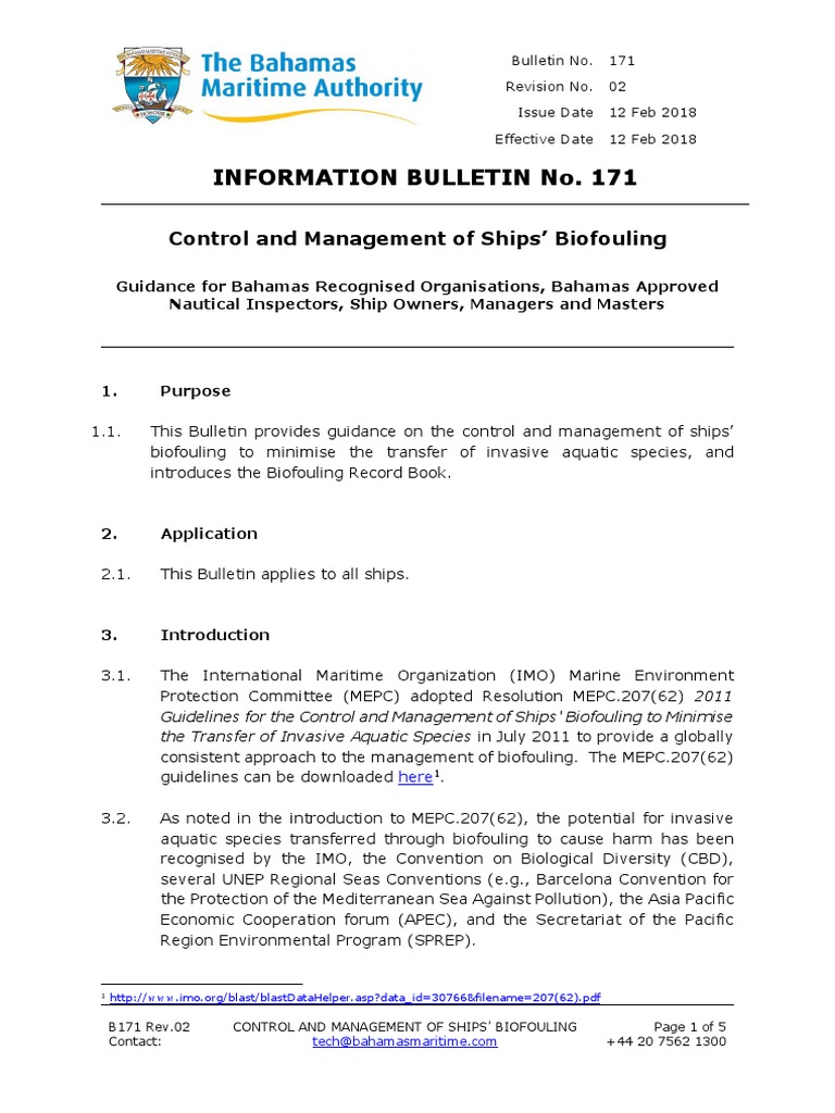 Information Bulletin No. 171: Control and Management of Ships' Biofouling | PDF | Ships ...