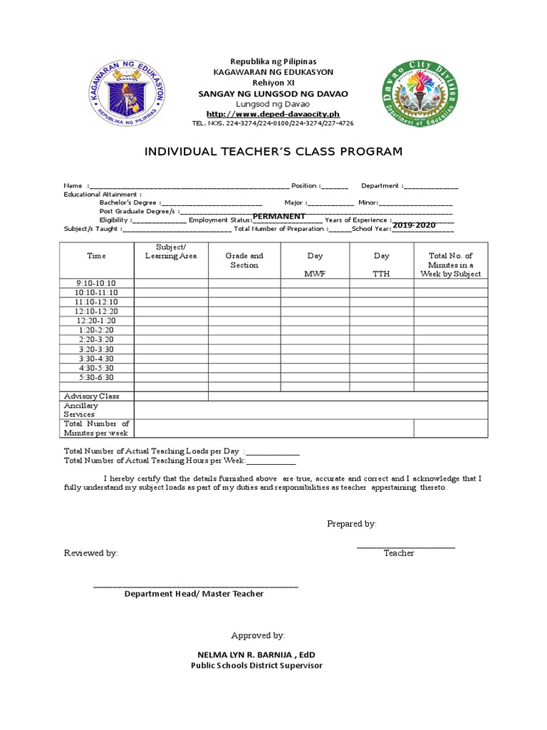 Individual Teacher'S Class Program: Sangay NG Lungsod NG Davao | PDF ...