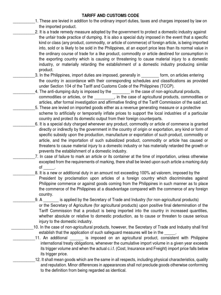 Tariff and Customs Code-Answer | PDF | Customs | Cargo