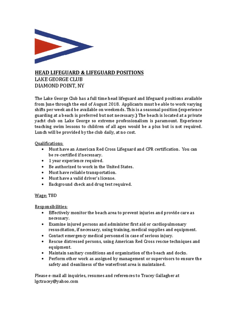 LGC Lifeguard Position Letter - 2018 | PDF