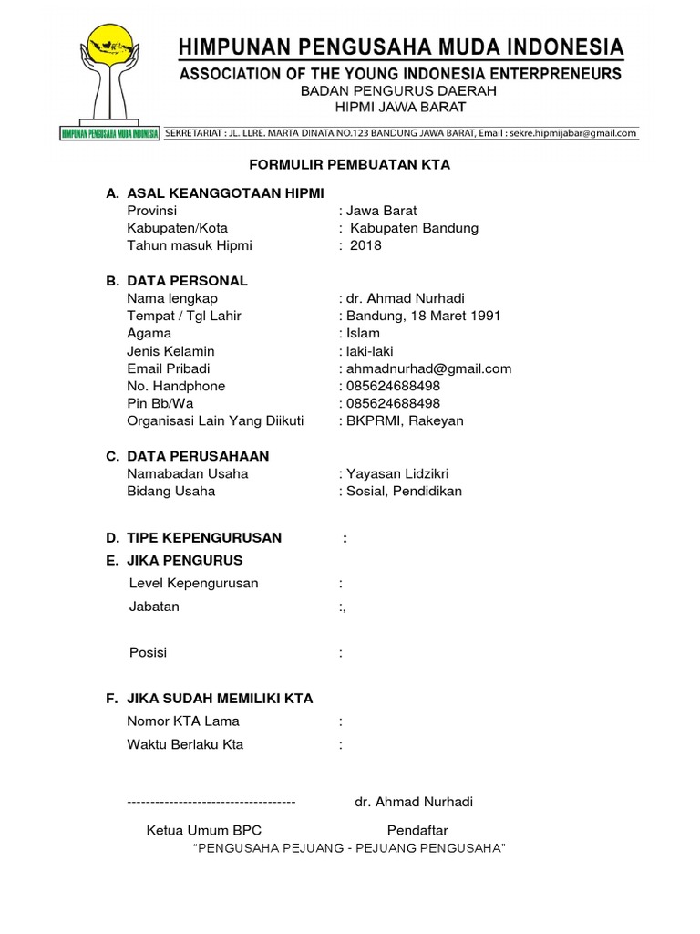 Formulir Pembuatan Kta Baru Dr. Ahmad Nurhadi | PDF