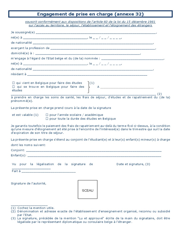 Engagement de prise en charge en Belgique | PDF | Belgique | Gouvernement