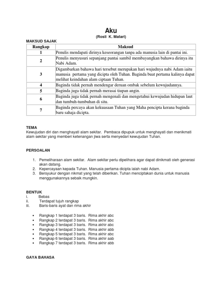 Rangkap Maksud 1 2: (Rosli K. Matari) Maksud Sajak | PDF | Seni ...