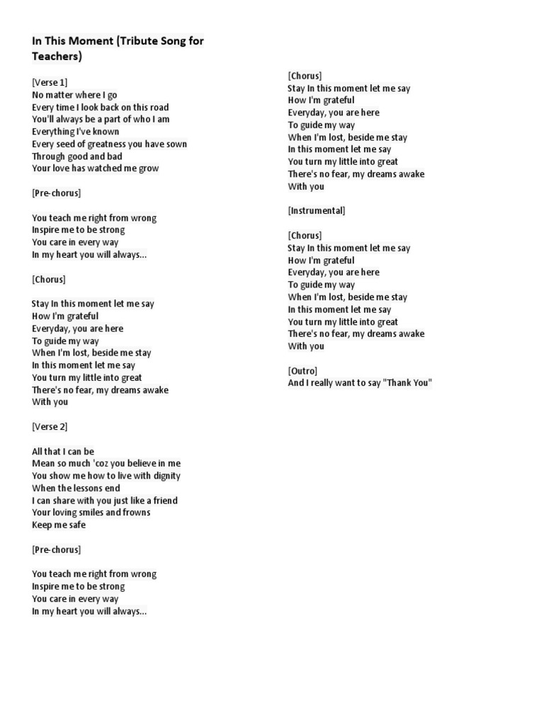 In This Moment (Tribute Song For Teachers) | PDF | Song Structure | Songs
