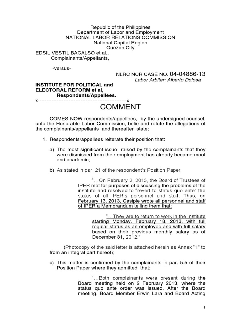Iper Comment On Appeal | PDF | Complaint | Employment
