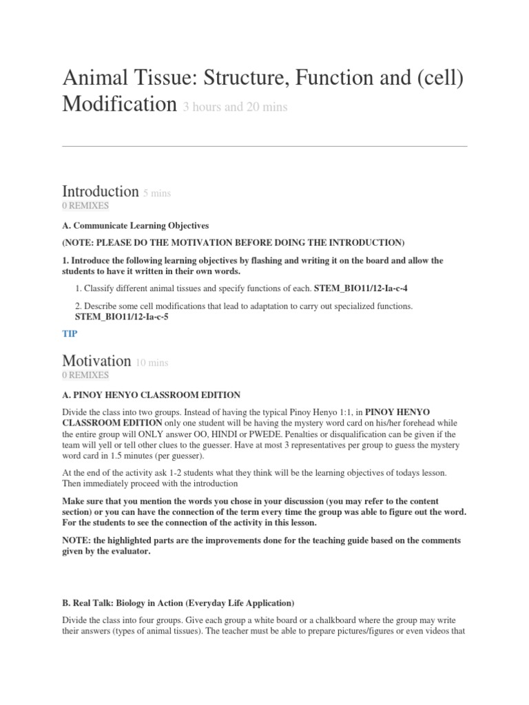Animal Tissue: Structure, Function and (Cell) Modification | PDF ...