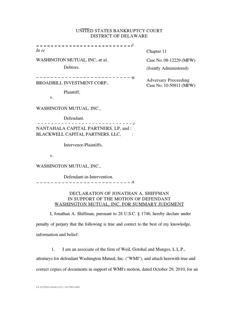 Declaration of Jonathan A. Shiffman in Support of The Motion of ...