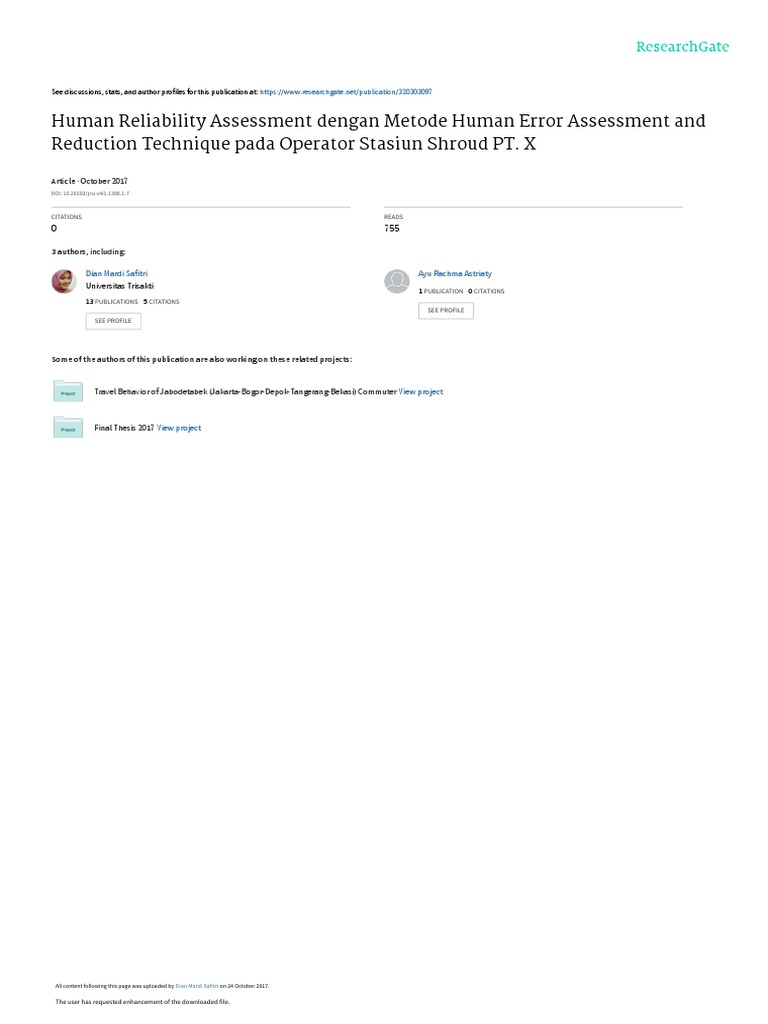 Human Reliability Assessment Dengan Metode Human Error Assessment and Reduction Technique Pada ...