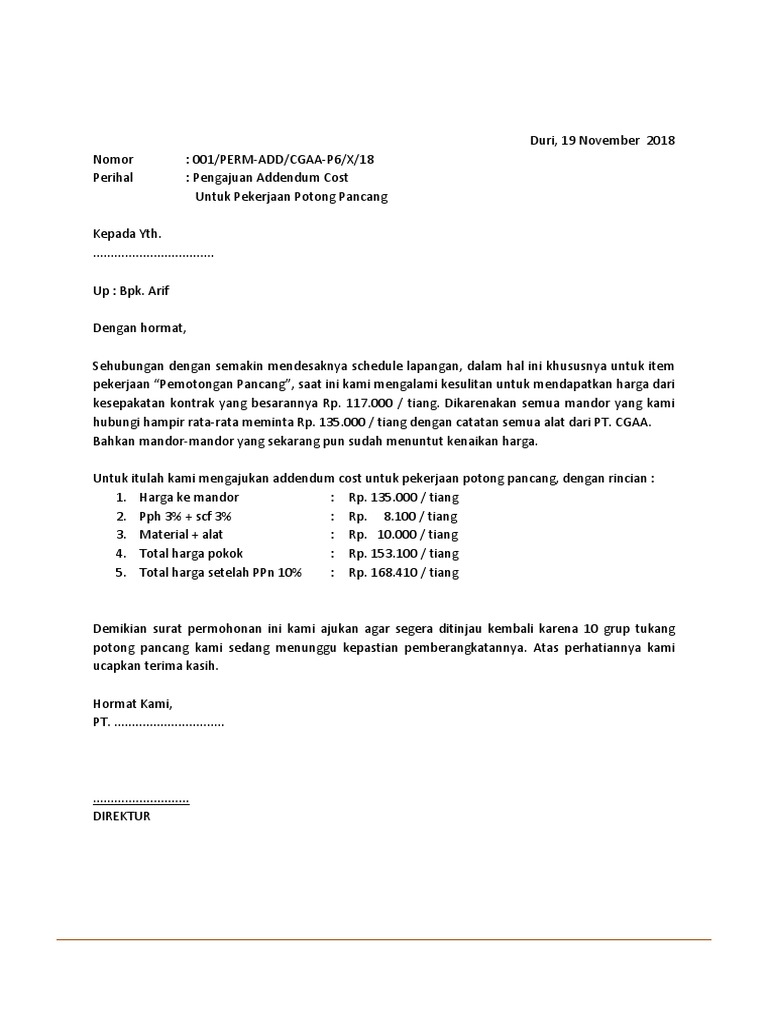 Contoh Surat Permohonan Additional Cost | PDF