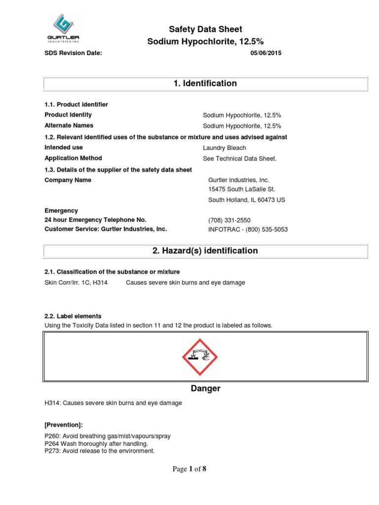 Safety Data Sheet Sodium Hypochlorite, 12.5%: Page 1 of 8 | PDF ...