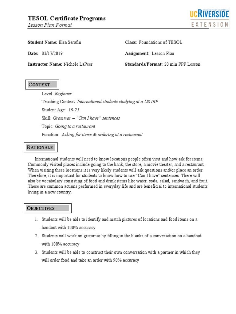 TESOL Certificate Programs: Lesson Plan Format | PDF | English As A ...