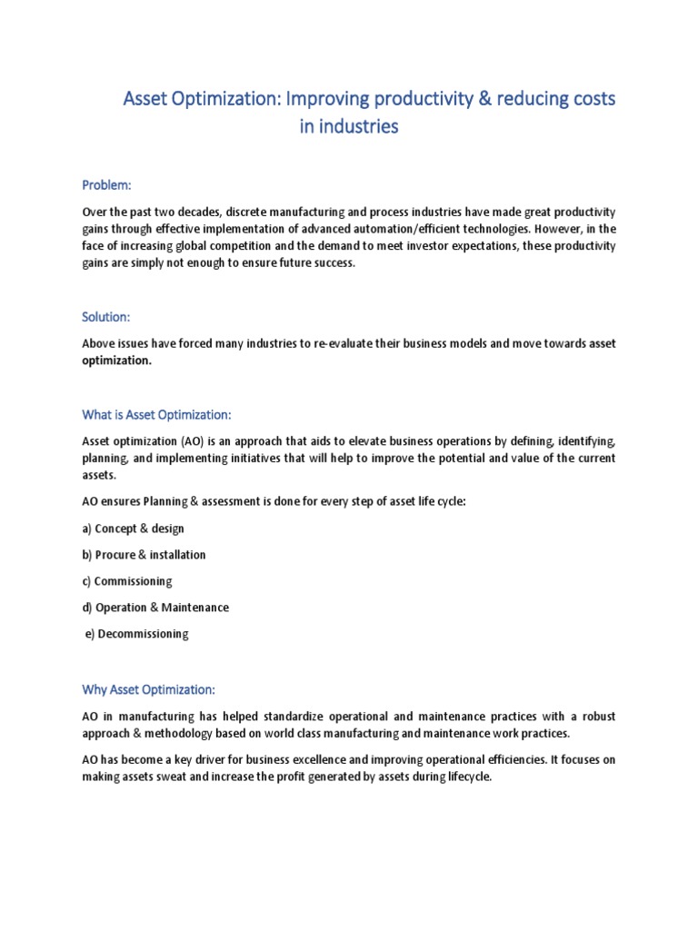 Asset Optimization: Improving Productivity & Reducing Costs in Industries