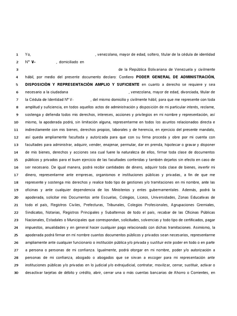 Poder General de Administración, Disposición y Representación Amplio y ...