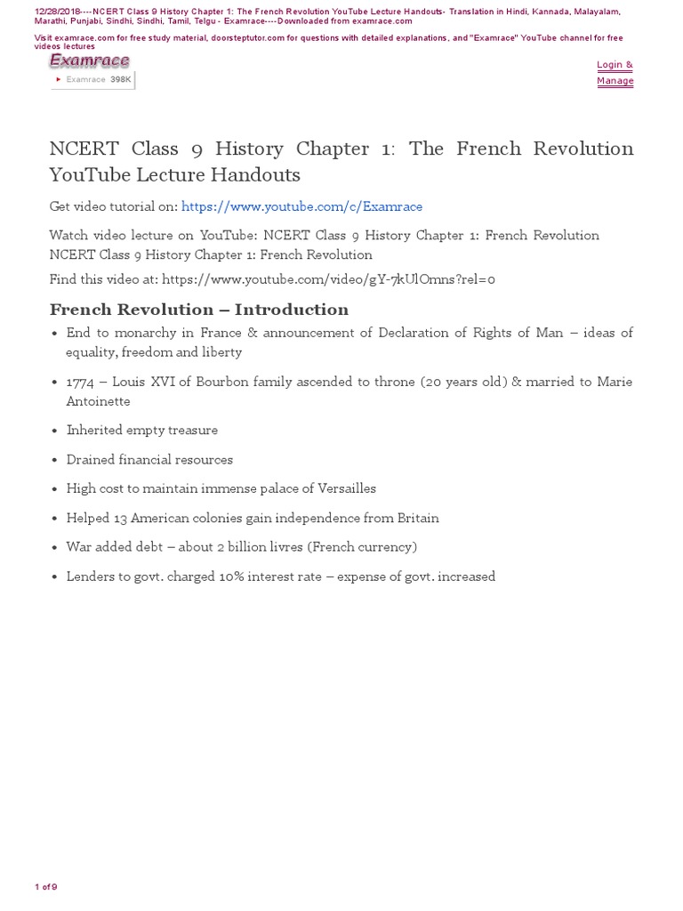 NCERT Class 9 History Chapter 1 YouTube Lecture Handouts | PDF | French ...