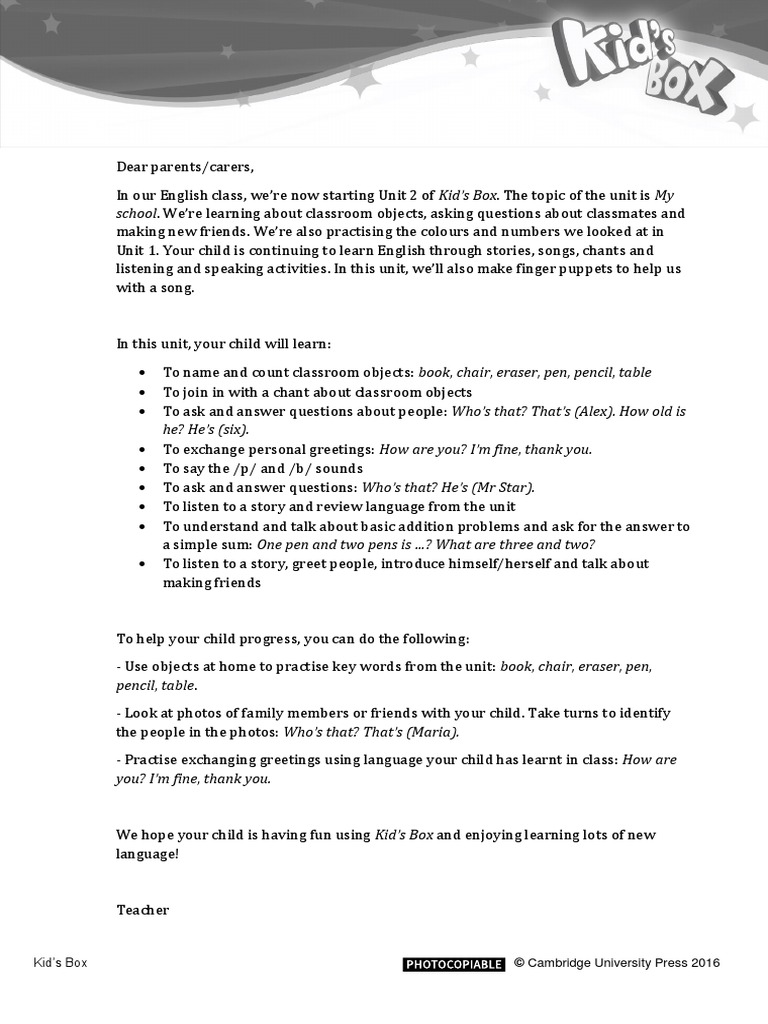 Kid's Box 2nd Ed Letter To Parents L1 U2 | PDF