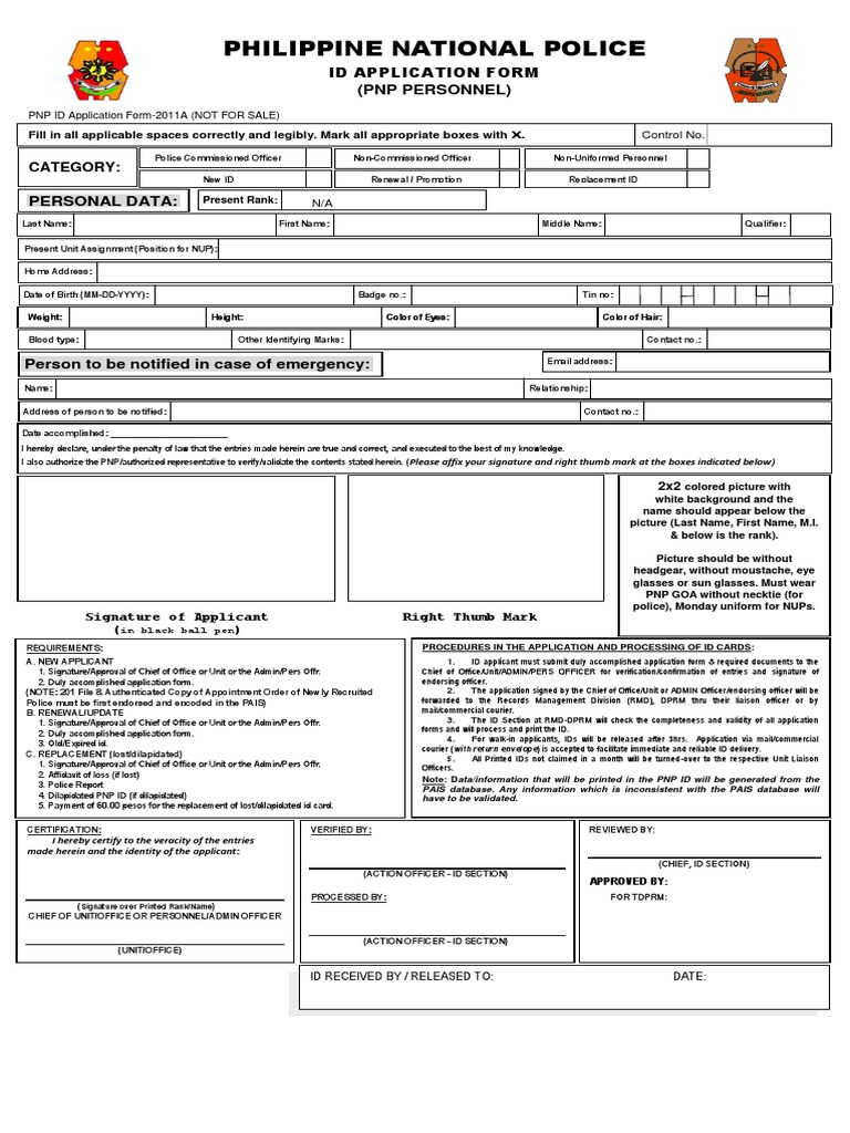 New PNP Id Form Final | PDF | Identity Document | Government